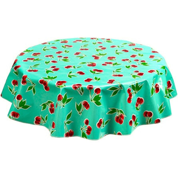 Round Oilcloth Tablecloths - Round Cherry Aqua | Freckled Sage