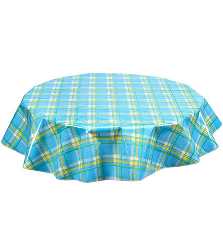 Round Plaid Light Blue and Yellow Oilcloth Tablecloth – Freckled Sage